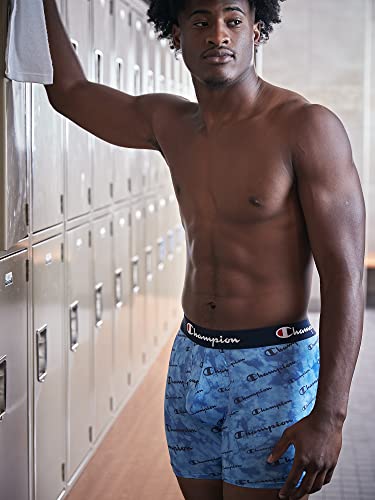 Champion Men's Underwear Boxer Briefs, Everyday Active, Lightweight Stretch, Multi-Pack, Blue Print With Champion Logo/Navy/Silverstone - 3 Pack, Large