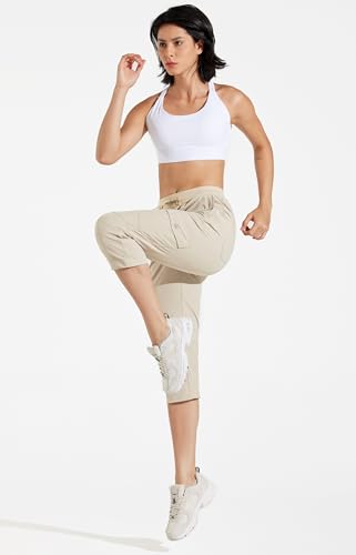Libin Women's Cargo Capri Hiking Pants Lightweight Quick Dry Cropped Pants Summer Casual Outdoor with Zipper Pockets, Khaki, Medium