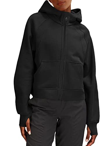 LASLULU Womens Fuzzy Cropped Hoodies Sport Athletic Zip Up Hoodie Stand Collar Sweater Fleece Lined Sweatshirt Long Sleeve Pullover Tops Pockets(Black-Medium)