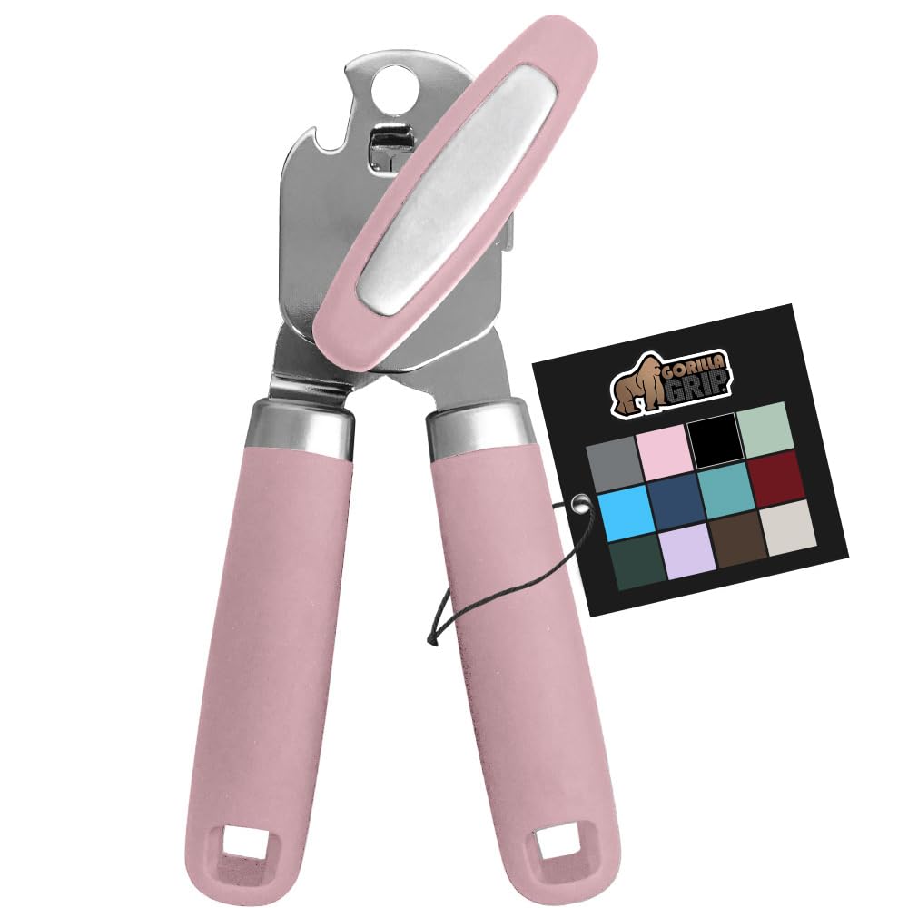 The Original GORILLA GRIP Heavy Duty Stainless Steel Smooth Edge Manual Can Opener and Bottle Openers, Soft Handle, Rust Proof Oversized Handheld Easy Turn Knob, Multifunctional Kitchen Tool, Pink