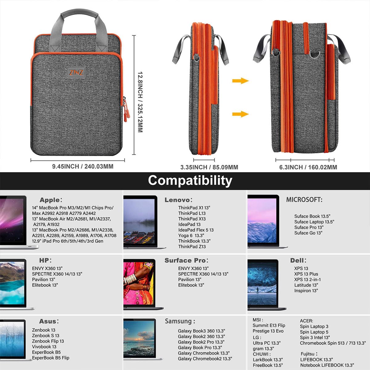 ZINZ Slim & Expandable Case 12.9 13 inch Travel Laptop Shoulder Bag for MacBook Air 13" M3/M2/M1, MacBook Pro 13" M2/M1, iPad Pro 12.9"/13"/11", iPad Air 13",L01G05