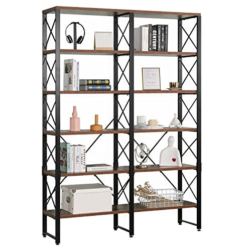 MELLCOM Double Wide 6-Tier Bookshelf, Industrial Open Large Bookcase, Wood and Metal Tall Bookshelves for Living Room Bedroom Office, Rustic Brown