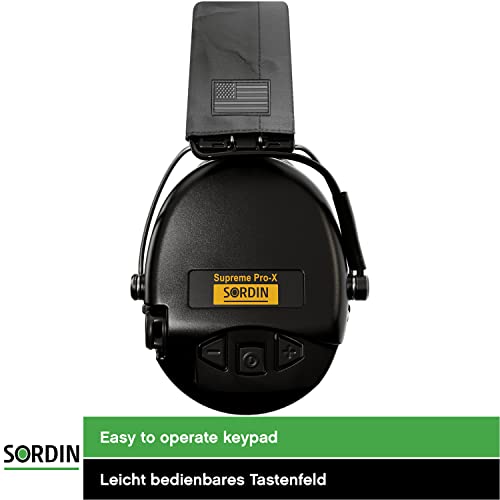 Sordin Supreme Pro-X Ear Defenders for Hunting & Shooting - Active & Electronic - US Headband & Gel Kits - Black Headband, Green Cups