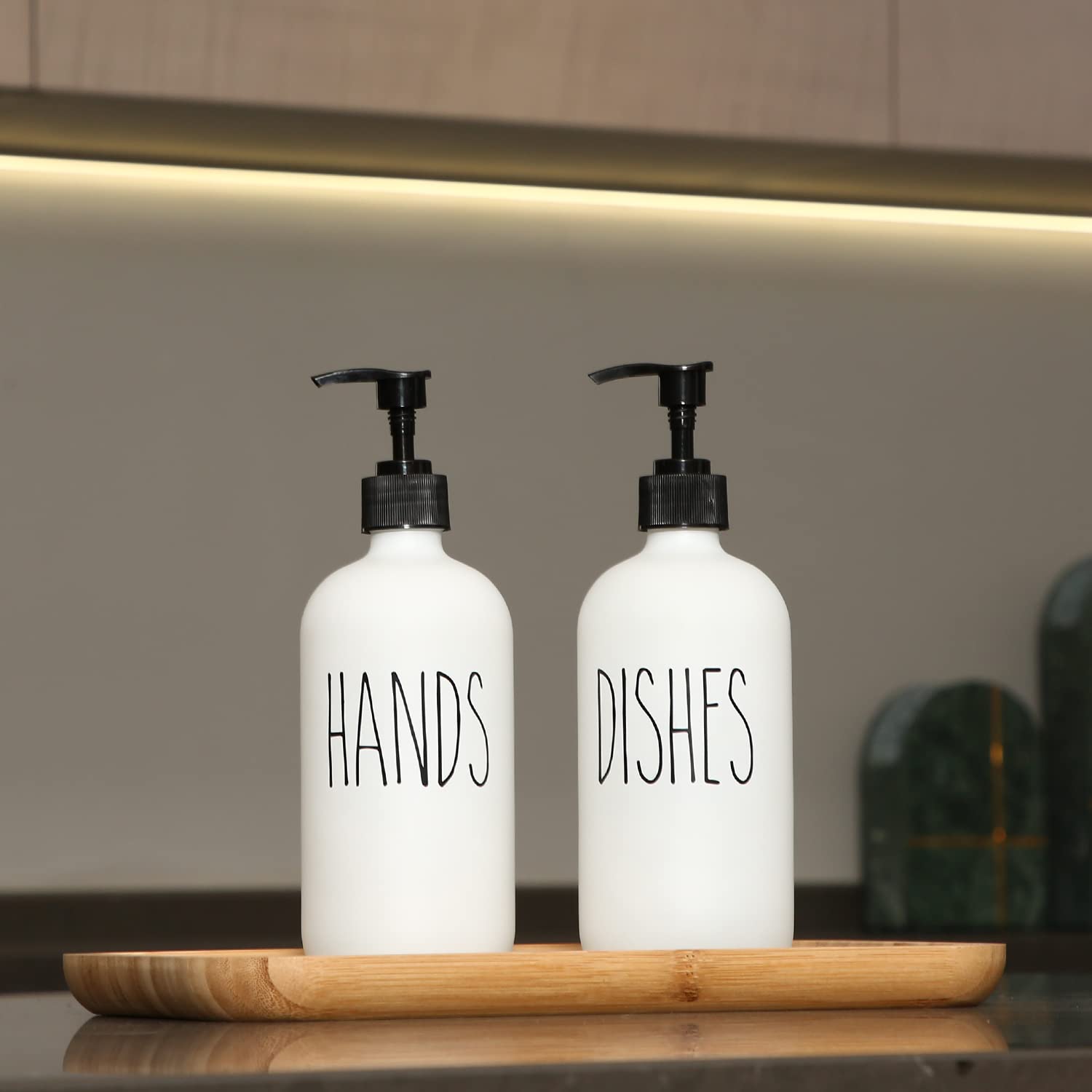 MOMEEMO Soap Dispenser Set 2 Pack, Contains Dish Soap Dispenser and Hand Soap Dispenser. 16 Oz Glass Soap Dispenser with Black Plastic Pumps. (White)