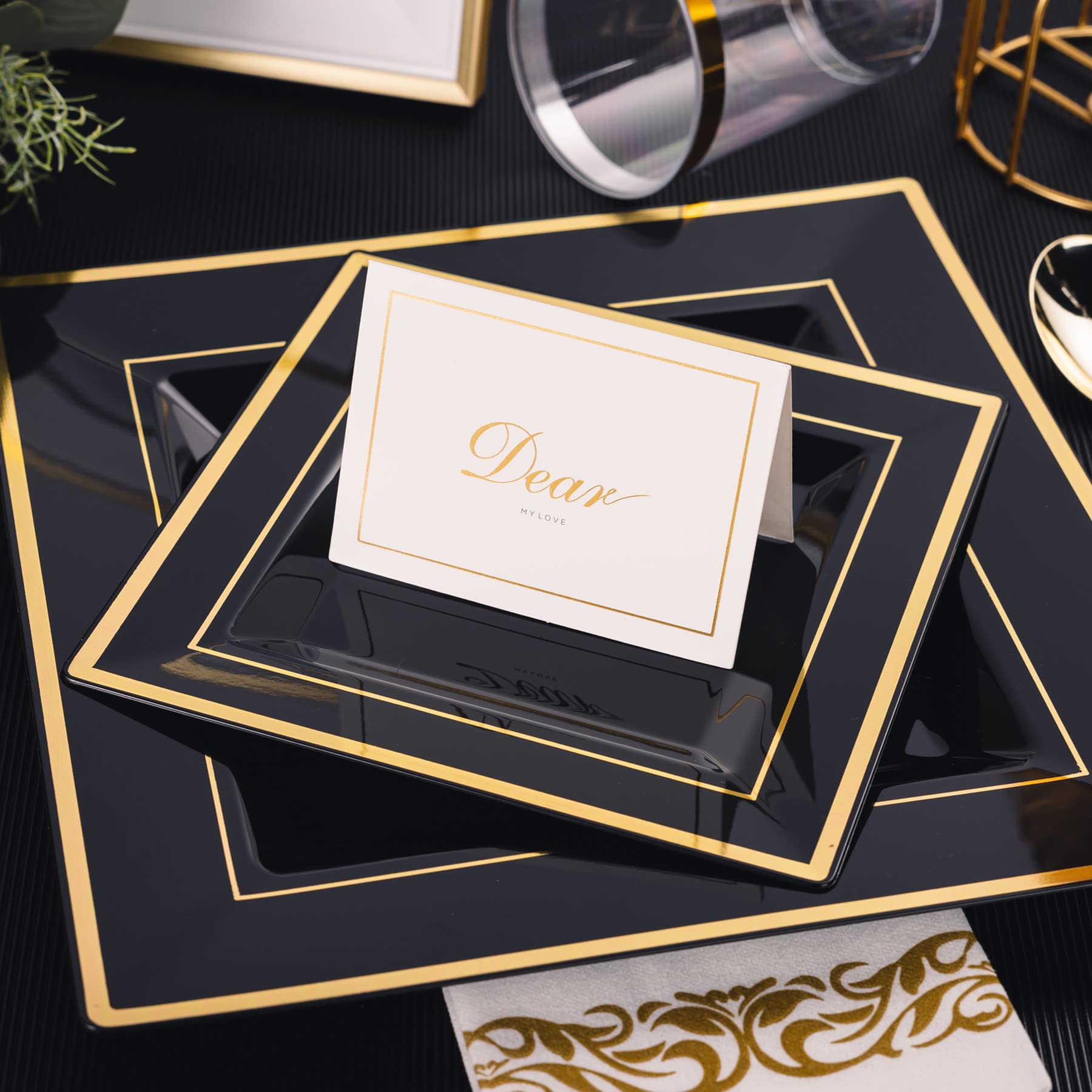 N9R 60 Pack Black Square Plastic Plates with Gold Rim Include 30 Disposable Dinner Plates 9.5 Inch and 30 Dessert Plates 6.5 Inch, Fancy Plates for Party, Wedding, Halloween and Daily Use