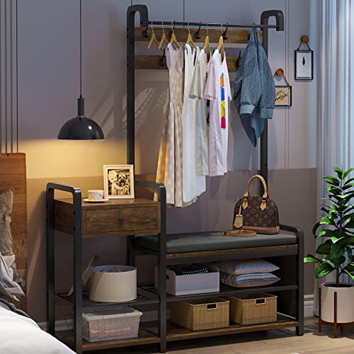 Itaar Hall Tree, Entryway Bench, Coat Rack Shoe Bench, Shoe Storage and Storage Drawer, Soft Cushion and Hanging Rod for Living Room, Bedroom, Rustic Brown