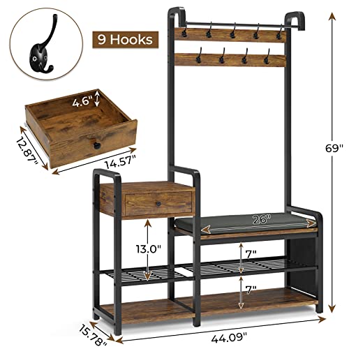 Itaar Hall Tree, Entryway Bench, Coat Rack Shoe Bench, Shoe Storage and Storage Drawer, Soft Cushion and Hanging Rod for Living Room, Bedroom, Rustic Brown