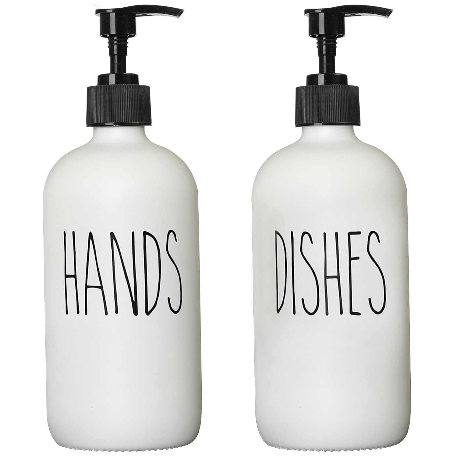 MOMEEMO Soap Dispenser Set 2 Pack, Contains Dish Soap Dispenser and Hand Soap Dispenser. 16 Oz Glass Soap Dispenser with Black Plastic Pumps. (White)
