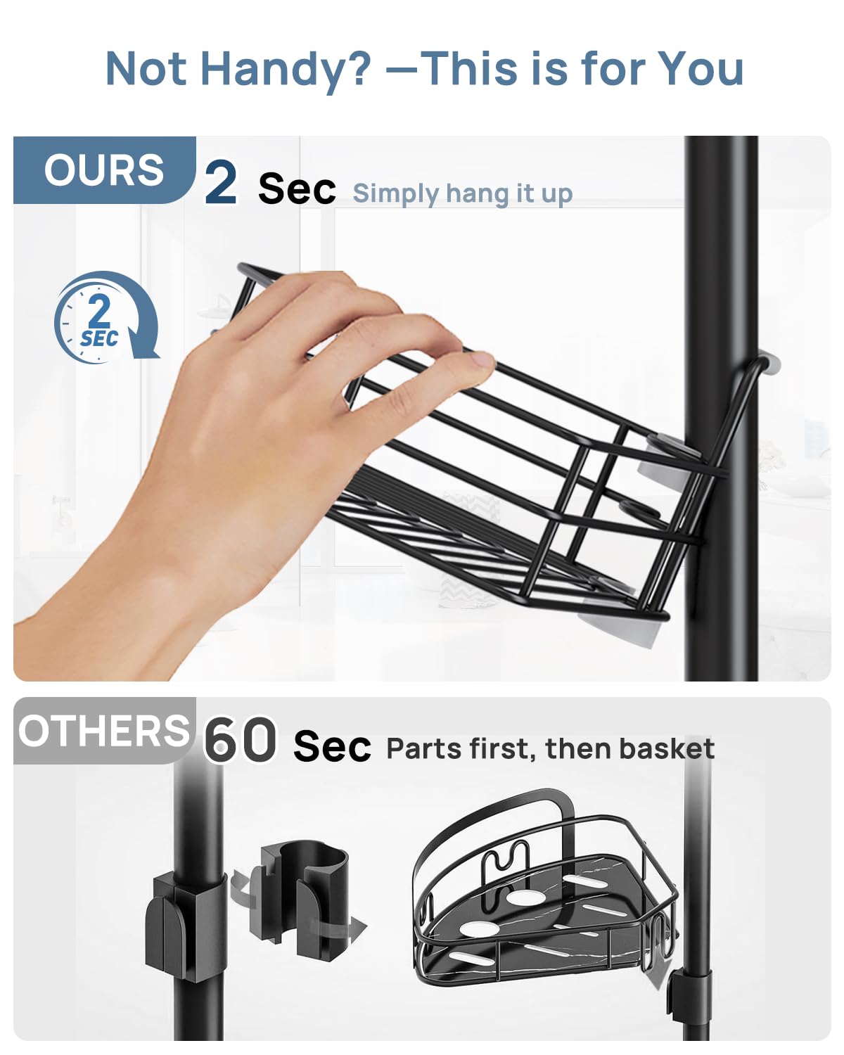 SEIRIONE Corner Shower Caddy Tension Pole, Quick Setup, Rust-Free Bathroom Shower Organizer Corner for Bathtub Shampoo Storage, 4-Tier Adjustable Shelf, Drill Free, Fits 39 to 113 Inch Height, Black