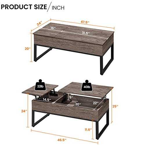 Yaheetech Lift Top Coffee Table with Storage, Industrial Lift up Living Room Table with Metal Frame, Wood Coffee Table for Living Room & Office , Taupe Wood