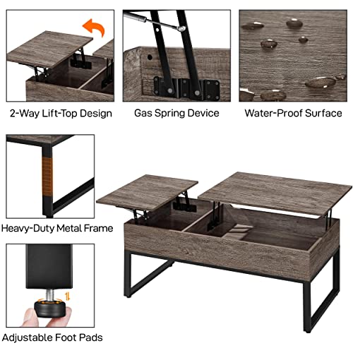 Yaheetech Lift Top Coffee Table with Storage, Industrial Lift up Living Room Table with Metal Frame, Wood Coffee Table for Living Room & Office , Taupe Wood