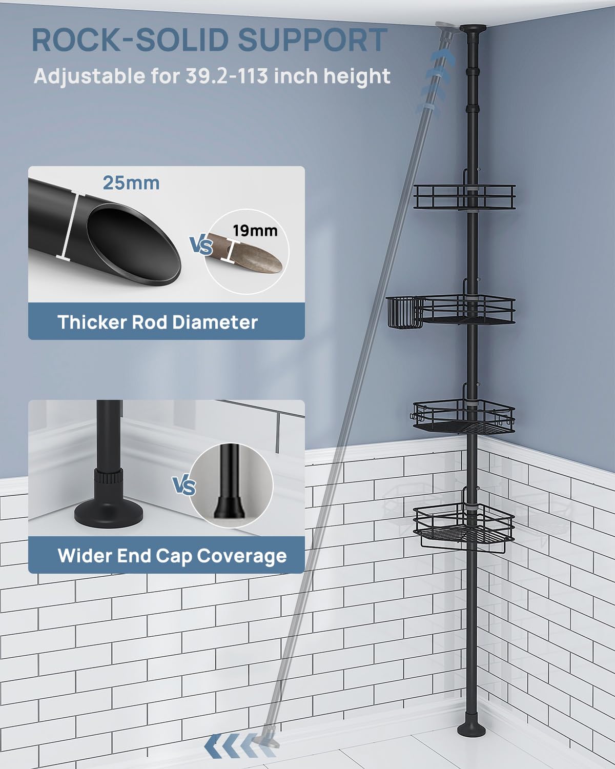 SEIRIONE Corner Shower Caddy Tension Pole, Quick Setup, Rust-Free Bathroom Shower Organizer Corner for Bathtub Shampoo Storage, 4-Tier Adjustable Shelf, Drill Free, Fits 39 to 113 Inch Height, Black