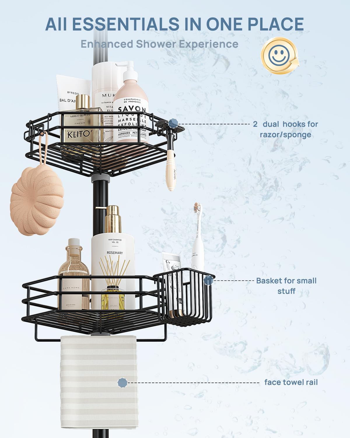 SEIRIONE Corner Shower Caddy Tension Pole, Quick Setup, Rust-Free Bathroom Shower Organizer Corner for Bathtub Shampoo Storage, 4-Tier Adjustable Shelf, Drill Free, Fits 39 to 113 Inch Height, Black