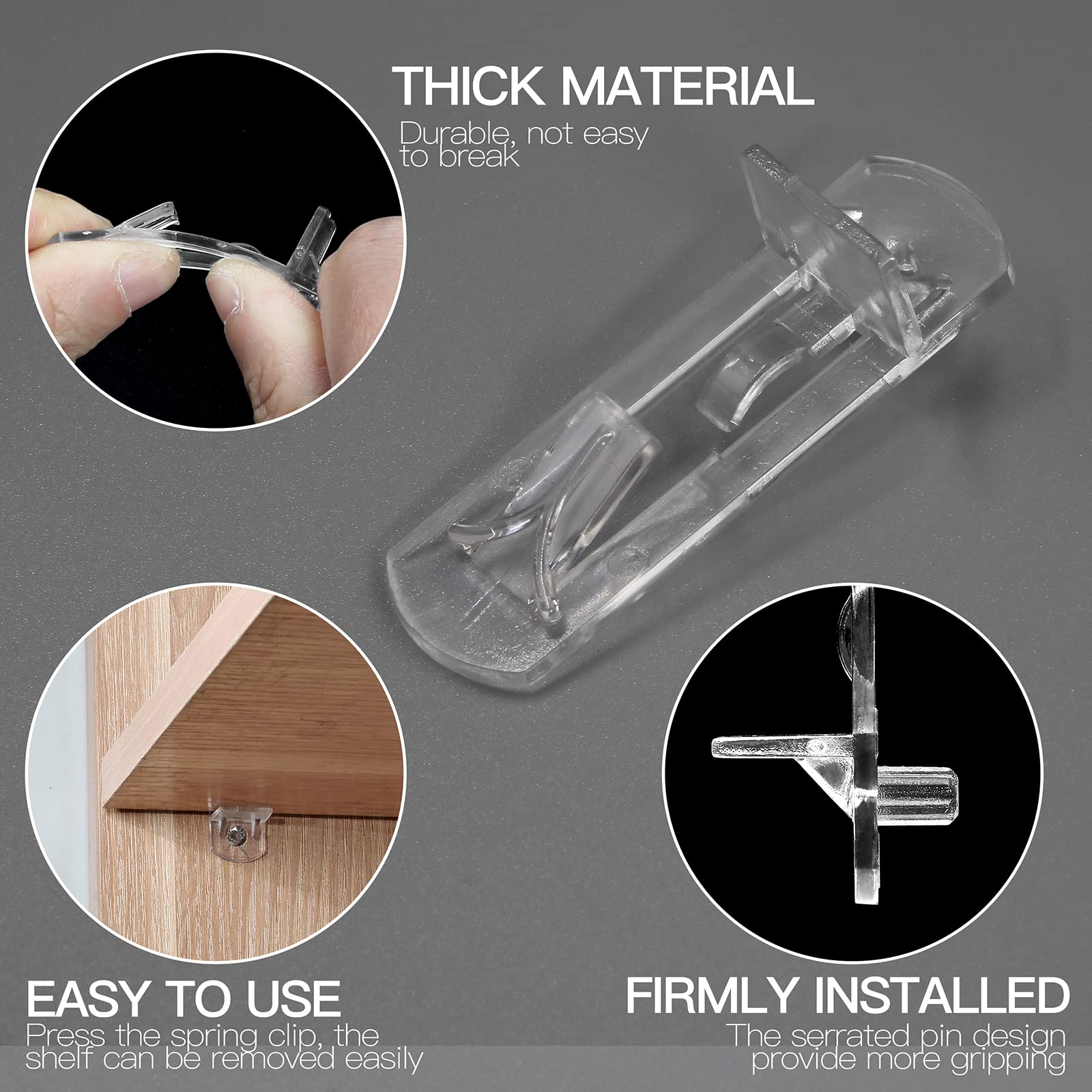 Jamiikury 10pcs Locking Shelf Support Pegs, 5mm Shelf Pins Clear Shelf Clips Plastic Shelf Pegs for Shelves, 5mm Peg x 3/4" Thick Shelf