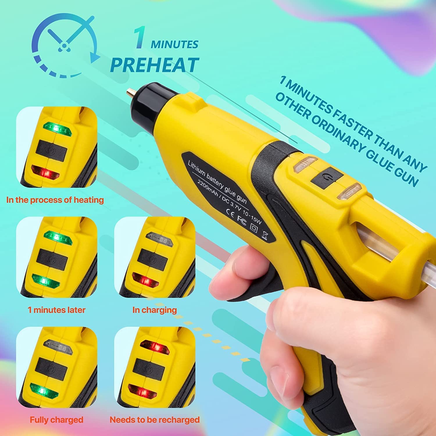 Cordless Fast Preheating Hot Glue Gun Kit with 30PCS Glue Sticks (7mmx150mm), USB Rechargeable & Smart Power-Off Cordless Hot Melt Glue Gun for Quick Repairs, DIY & Xmas