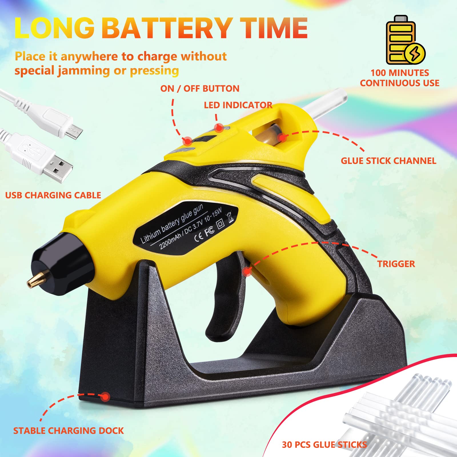 Cordless Fast Preheating Hot Glue Gun Kit with 30PCS Glue Sticks (7mmx150mm), USB Rechargeable & Smart Power-Off Cordless Hot Melt Glue Gun for Quick Repairs, DIY & Xmas