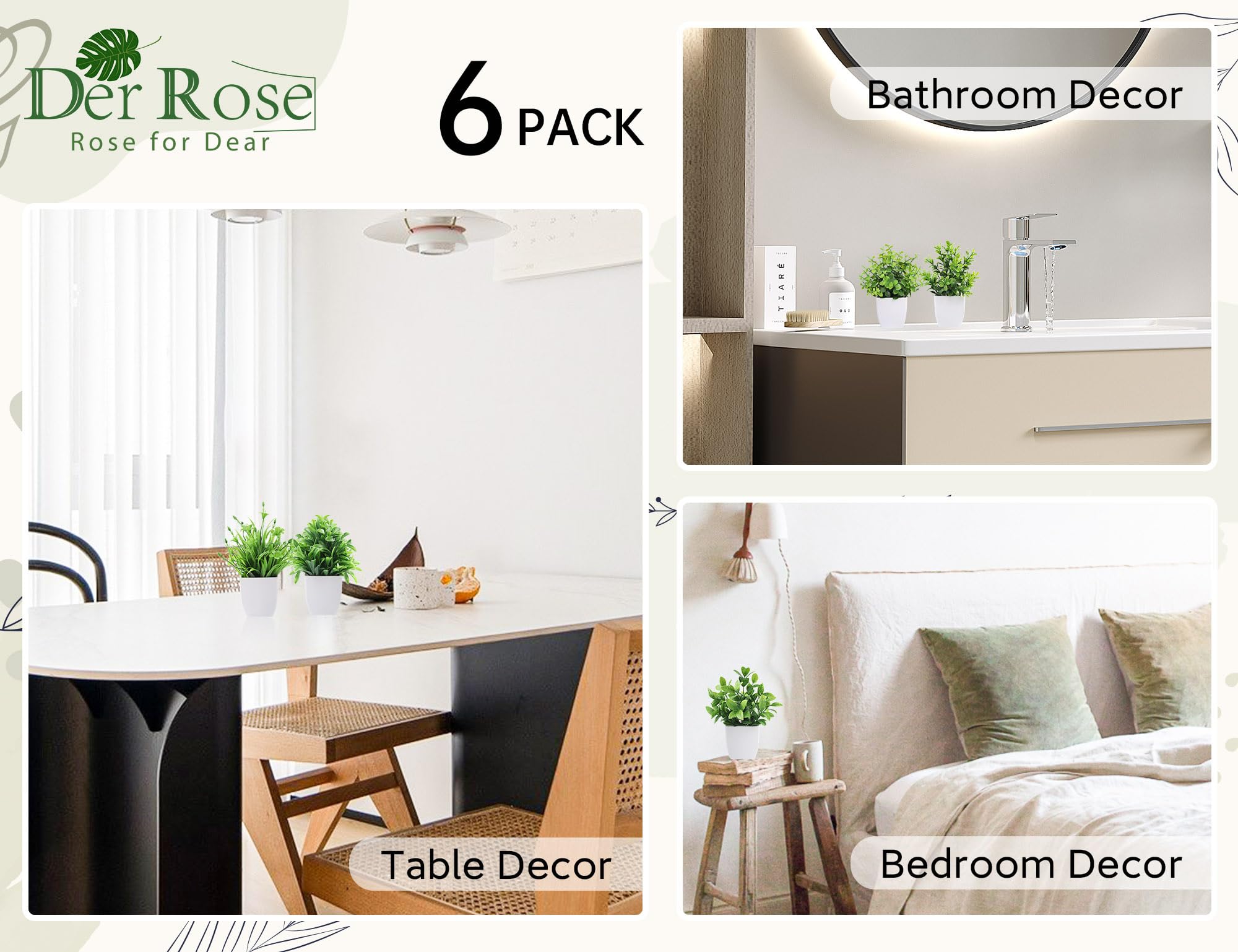 Der Rose 6 Pack Fake Plants Mini Artificial Plants for Home Office Farmhouse Bathroom Shelf Decor Indoor