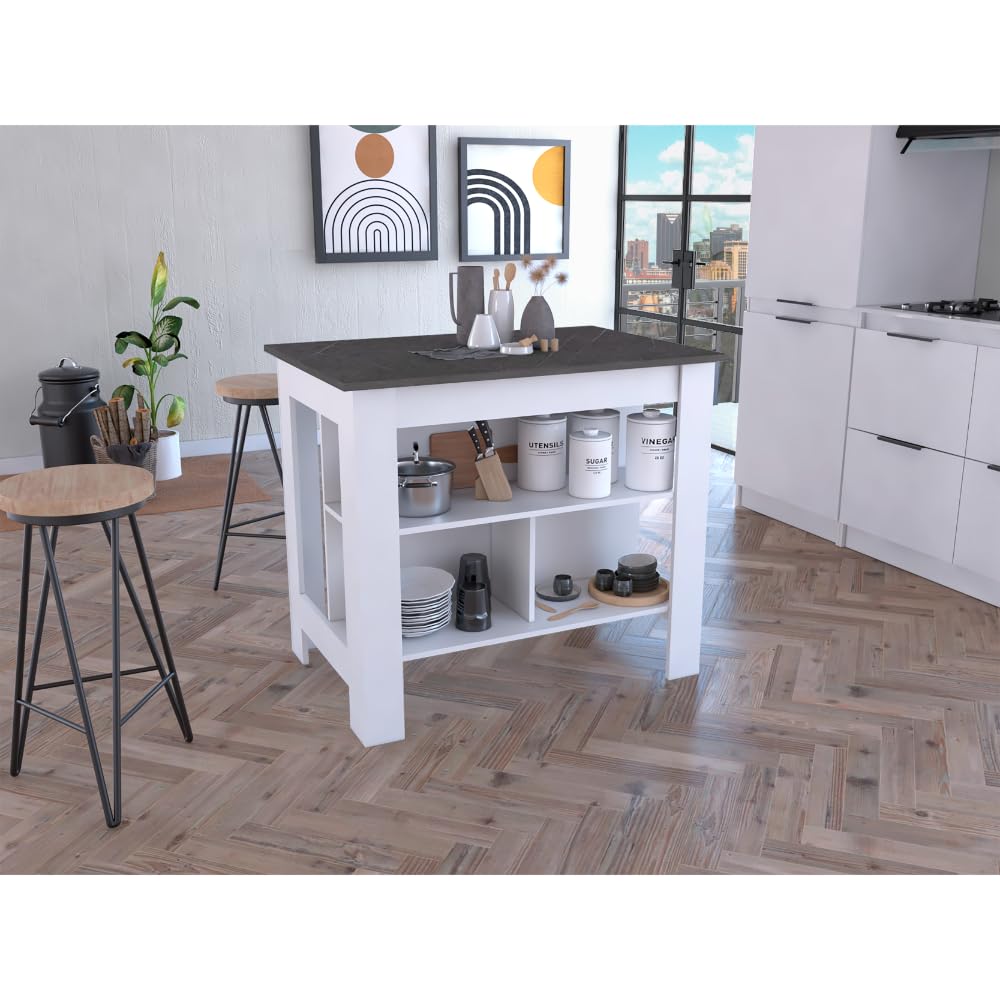 Tuhome Cala Kitchen Island, Four Legs, Three Shelves -White/Onyx