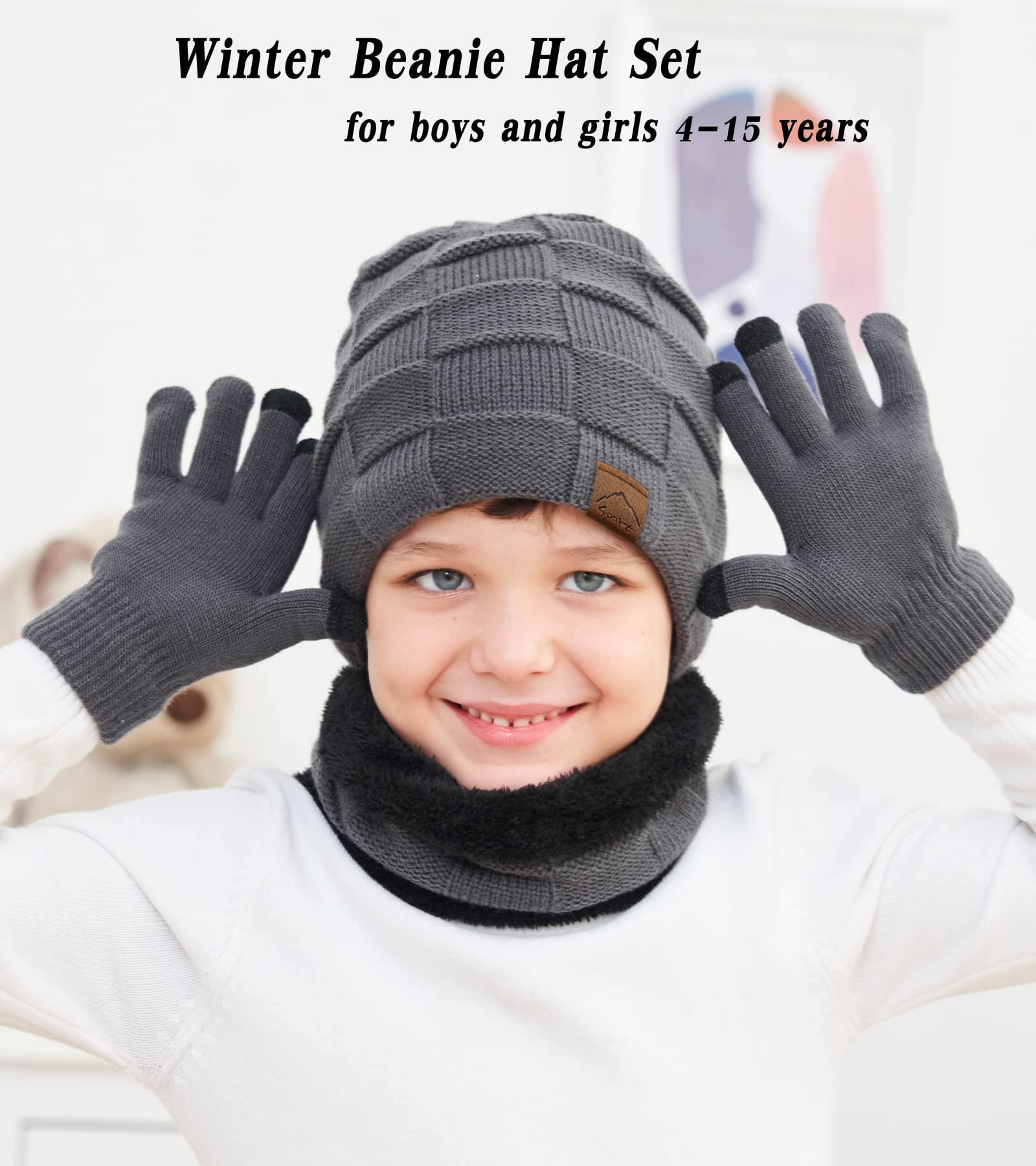 KMOLY Kids Winter Beanie Hat Scarf Touchscreen Gloves Set for Boys Girls 4-15 Years Warm Skull Cap Fleece Lined Knitted Hat (grey)