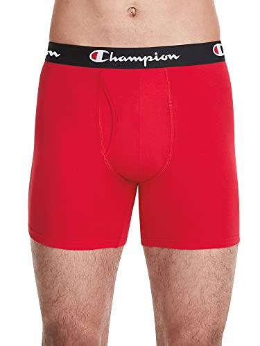 Champion Men's Boxer Briefs, Every Day Comfort Stretch Cotton Moisture-Wicking Underwear, Multi-Pack, Blue White Script Logo/Black/Red-3 Pack, Medium