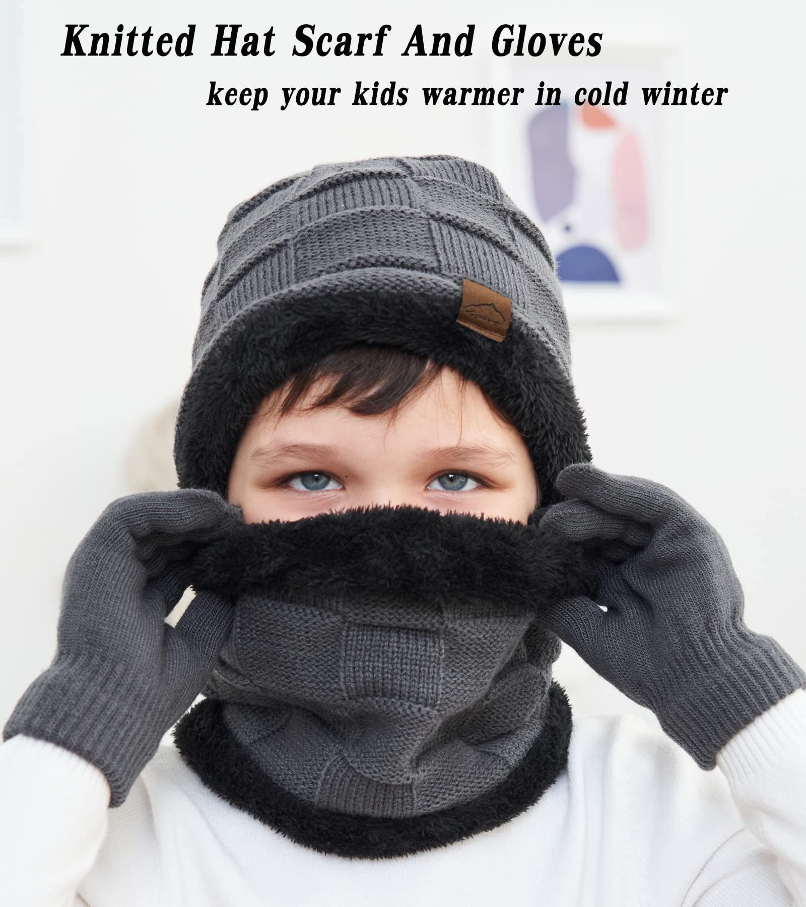 KMOLY Kids Winter Beanie Hat Scarf Touchscreen Gloves Set for Boys Girls 4-15 Years Warm Skull Cap Fleece Lined Knitted Hat (grey)