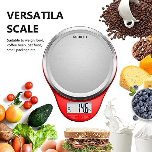 NUTRI FIT Digital Kitchen Scale with Wide Stainless Steel Plateform High Accuracy Multifunction Food Scale with LCD Display for Baking Kitchen Cooking,Tare & Auto Off Function (Red)