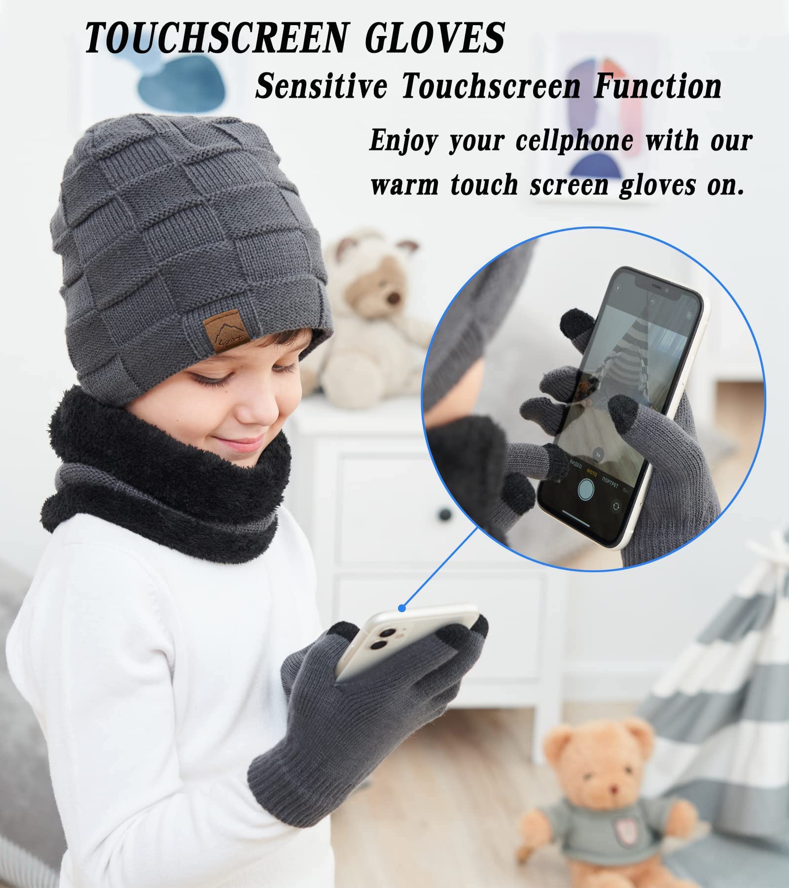 KMOLY Kids Winter Beanie Hat Scarf Touchscreen Gloves Set for Boys Girls 4-15 Years Warm Skull Cap Fleece Lined Knitted Hat (grey)