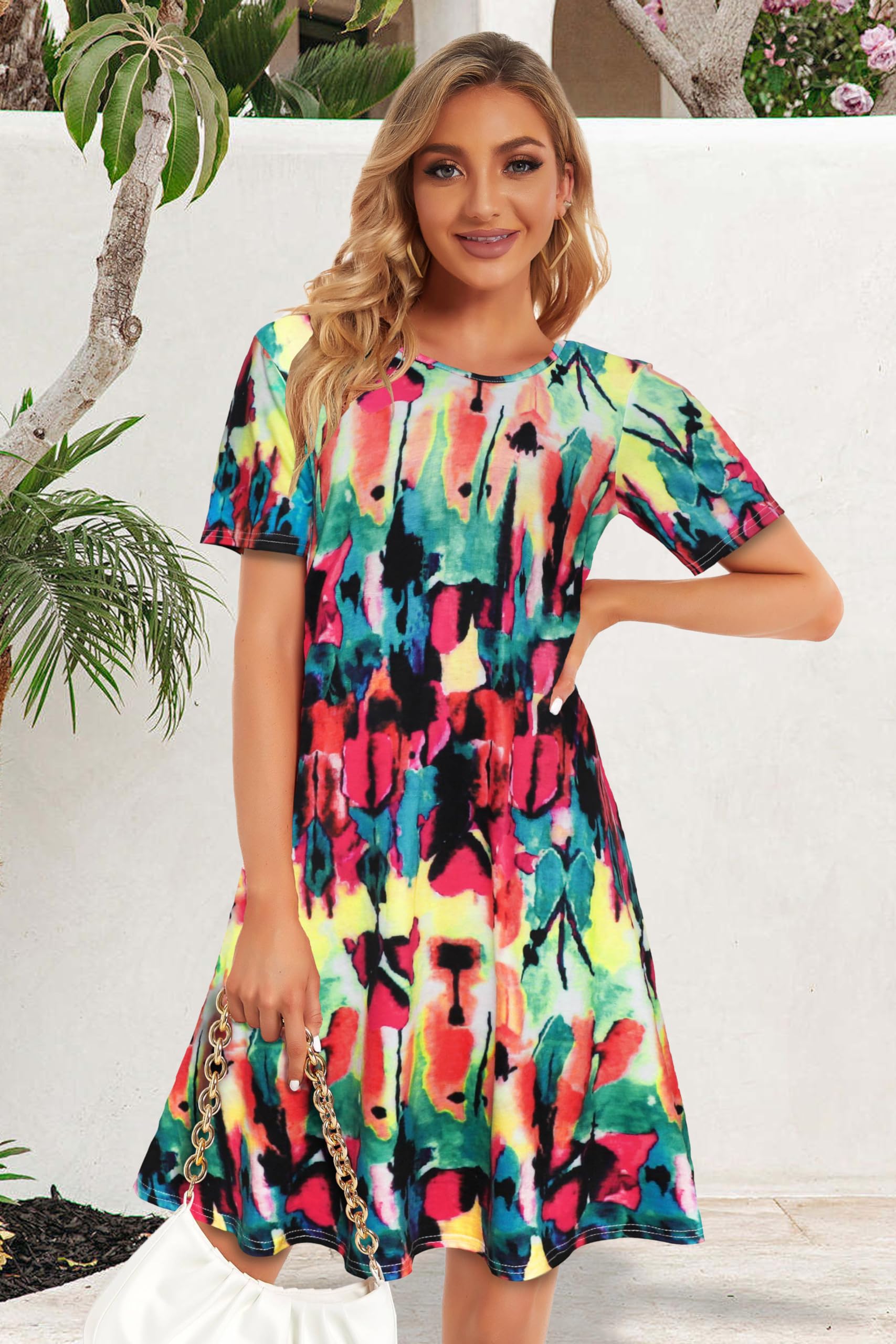 Sundresses for Women Summer Beach Tshirt Dress Tie Dye Short Sleeves Pocket Tunic(Colorful,L)