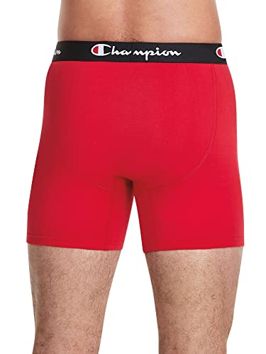 Champion Men's Boxer Briefs, Every Day Comfort Stretch Cotton Moisture-Wicking Underwear, Multi-Pack, Blue White Script Logo/Black/Red-3 Pack, Medium