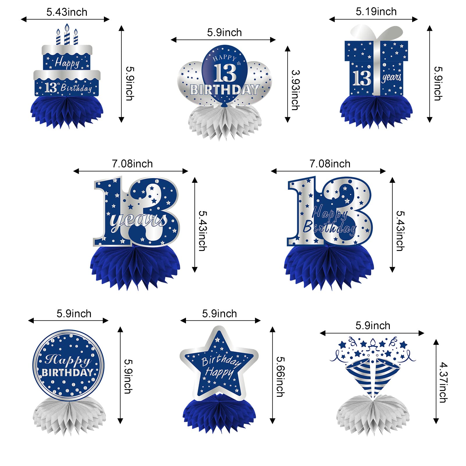 Kauayurk 8Pcs 13th Birthday Decorations Table Centerpiece Party Supplies for Boy, Blue Silver Happy 13 Year Old Birthday Honeycomb Centerpieces Decor, Thirteen Birthday Table Topper