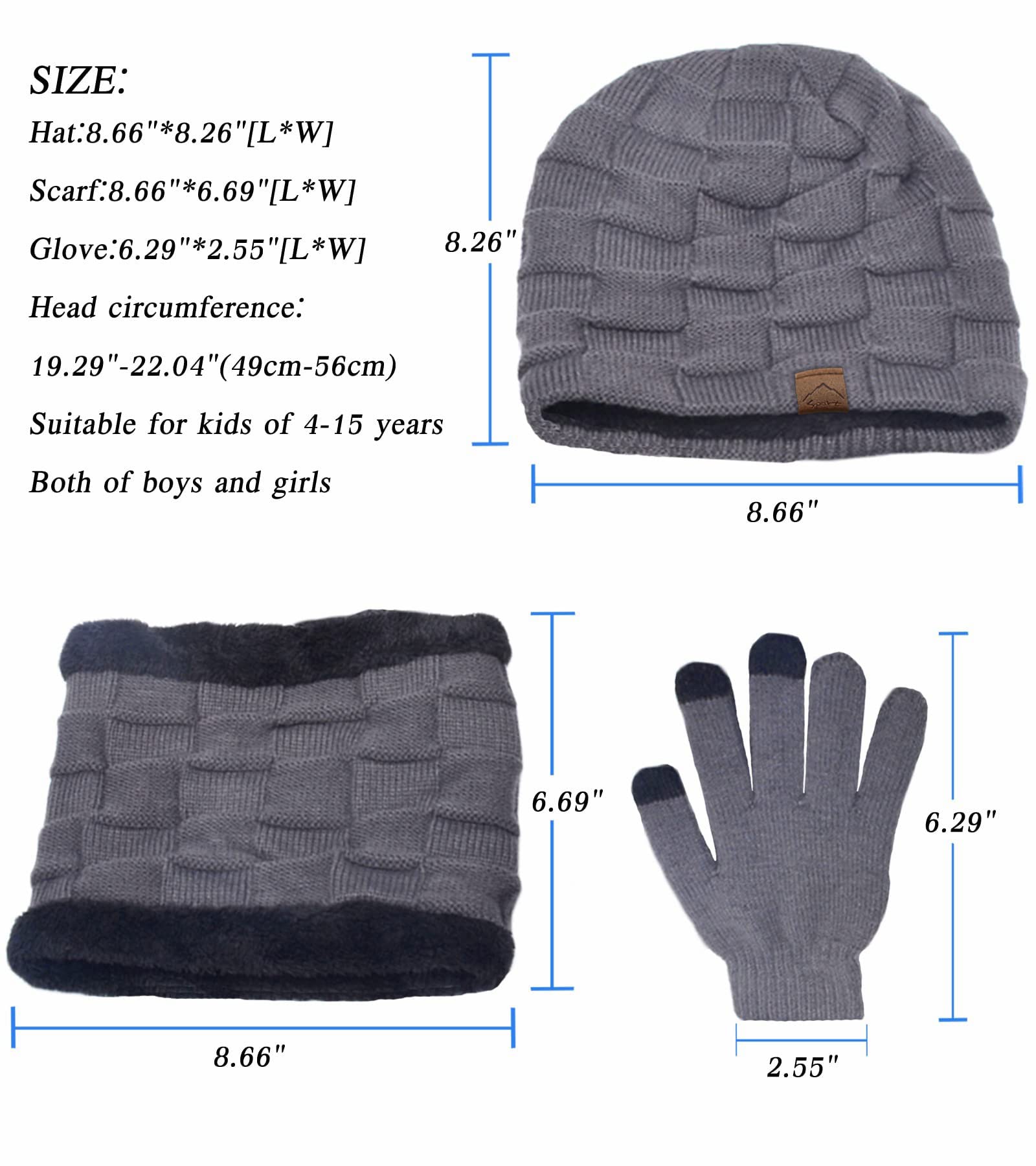KMOLY Kids Winter Beanie Hat Scarf Touchscreen Gloves Set for Boys Girls 4-15 Years Warm Skull Cap Fleece Lined Knitted Hat (grey)