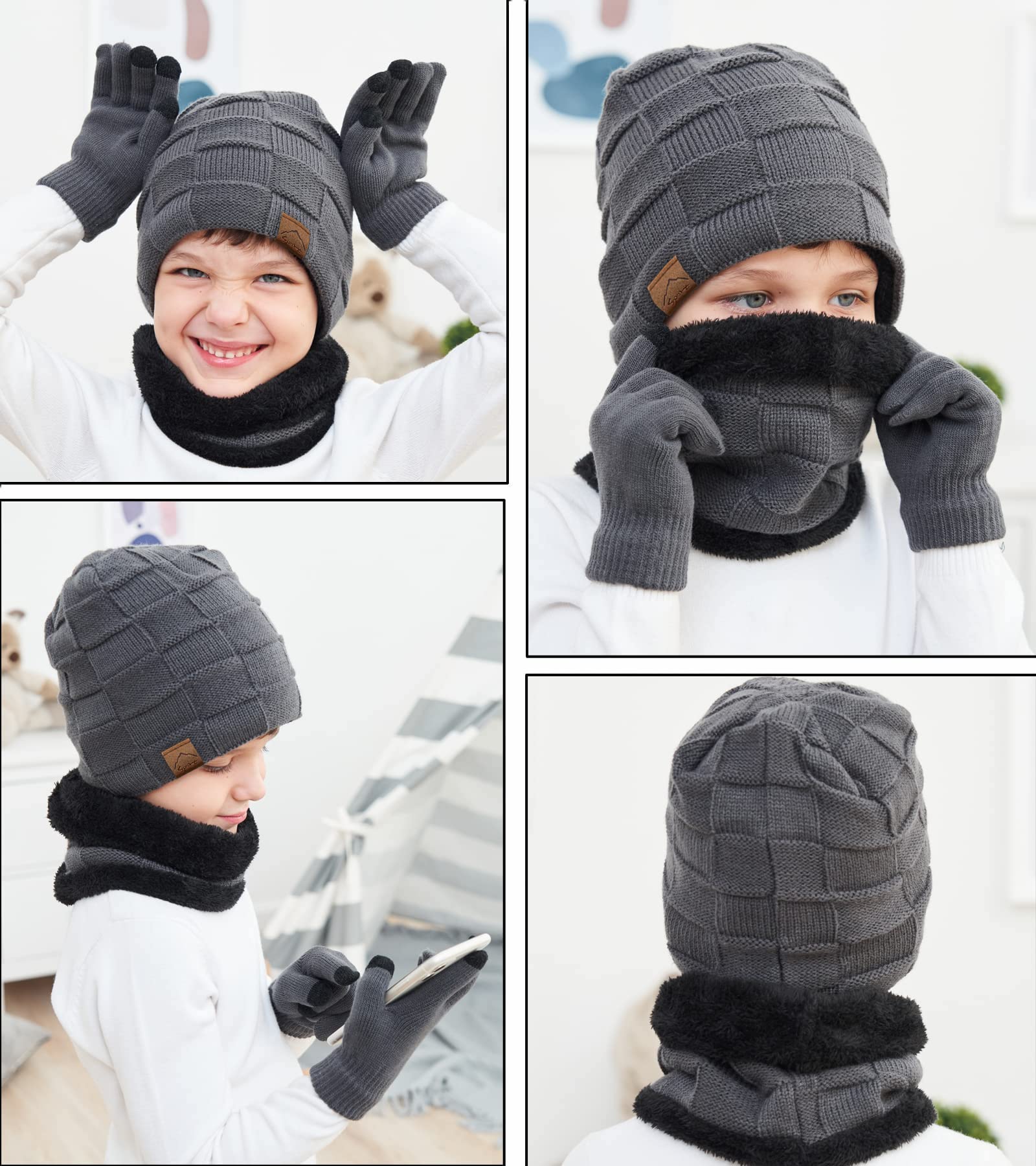 KMOLY Kids Winter Beanie Hat Scarf Touchscreen Gloves Set for Boys Girls 4-15 Years Warm Skull Cap Fleece Lined Knitted Hat (grey)