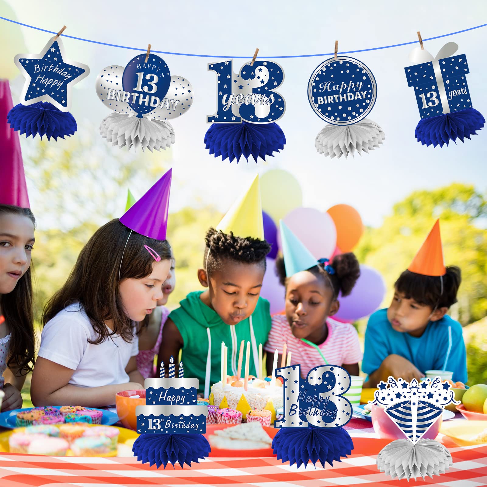 Kauayurk 8Pcs 13th Birthday Decorations Table Centerpiece Party Supplies for Boy, Blue Silver Happy 13 Year Old Birthday Honeycomb Centerpieces Decor, Thirteen Birthday Table Topper