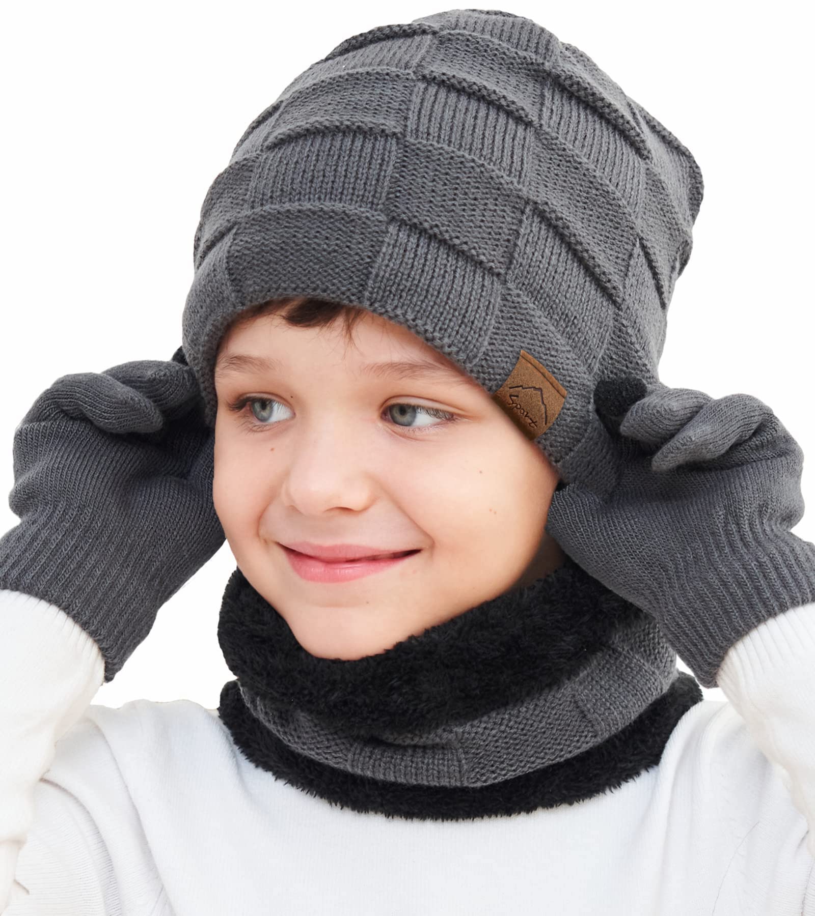 KMOLY Kids Winter Beanie Hat Scarf Touchscreen Gloves Set for Boys Girls 4-15 Years Warm Skull Cap Fleece Lined Knitted Hat (grey)