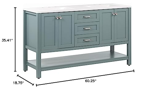 Spring Mill Cabinets Eaton Double Bathroom Vanity with 2 Cabinets, 3 Drawers, Open Shelf, Sink, 60.25" W x 18.75" D x 35.41" H, Sage/White Top