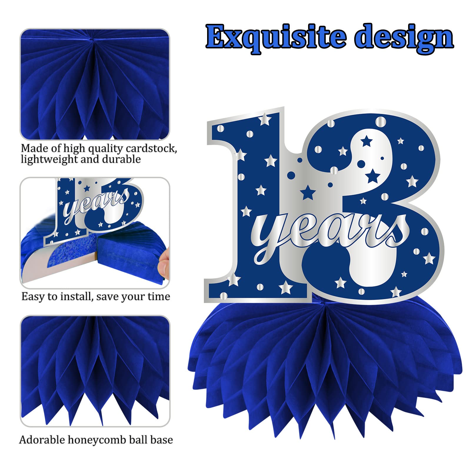 Kauayurk 8Pcs 13th Birthday Decorations Table Centerpiece Party Supplies for Boy, Blue Silver Happy 13 Year Old Birthday Honeycomb Centerpieces Decor, Thirteen Birthday Table Topper