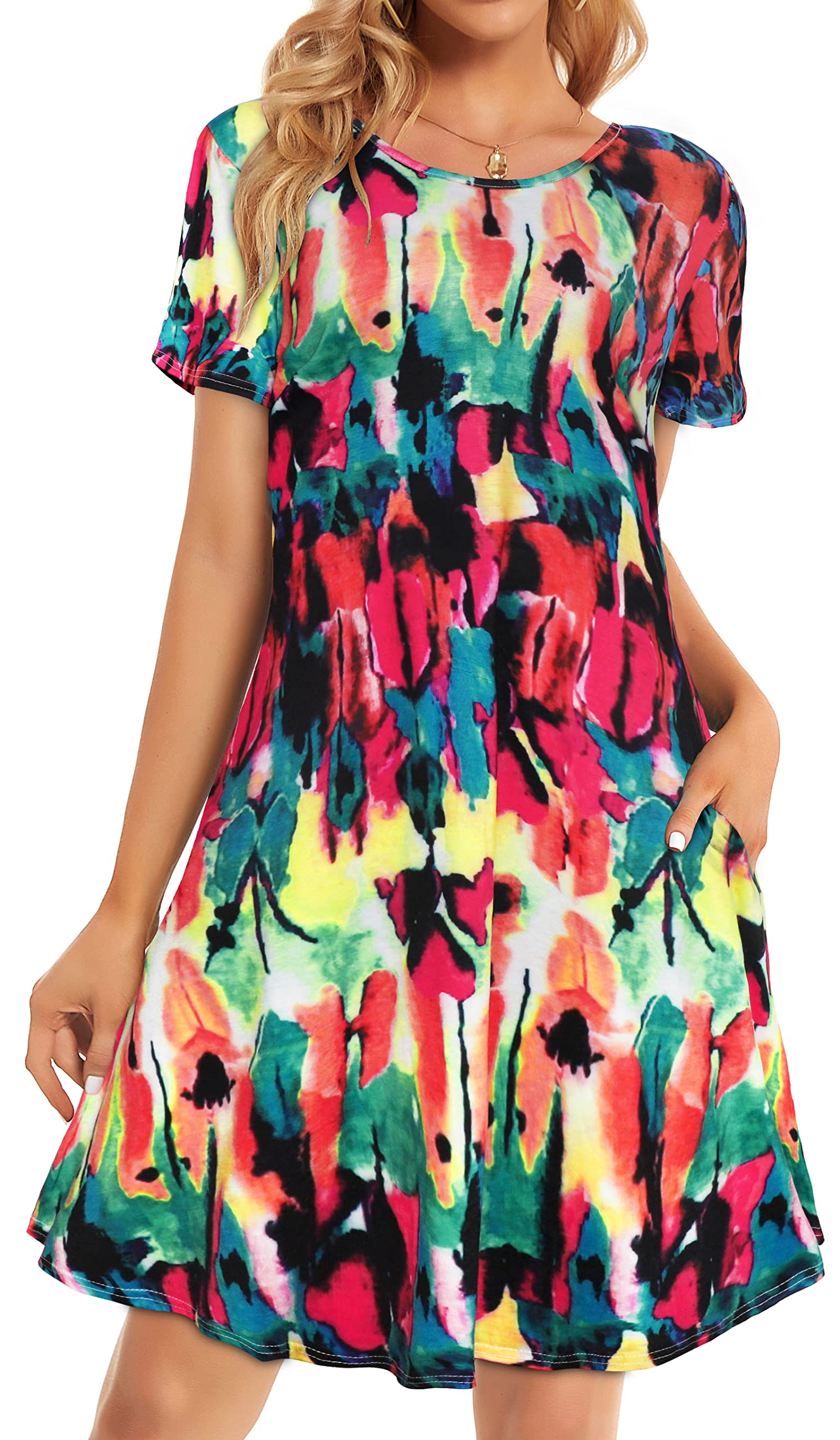Sundresses for Women Summer Beach Tshirt Dress Tie Dye Short Sleeves Pocket Tunic(Colorful,L)