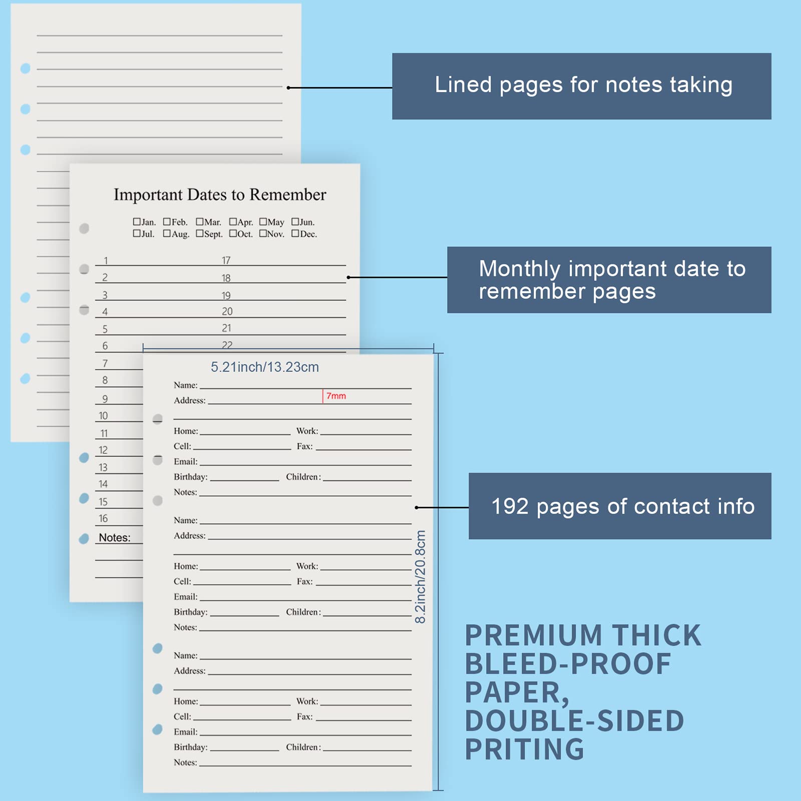 Happyaokeland Address Book Refill Pages 648 Contacts (236 Replacement Pages of Addresses, Birthday, Email) Durable Dividers with Alphabetical Tabs Large Print Refillable Pages Fits A5 6-Ring Binder