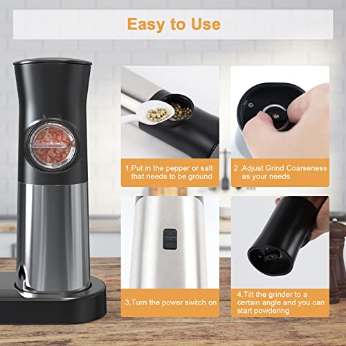 Electric Salt and Pepper Grinder Set,Gravity Automatic Salt & Pepper Grinder with Dual Charging Base,Adjustable Coarseness Mills salt grinder, White LED Light, Dust Cap, One Hand Operation,2 Pack