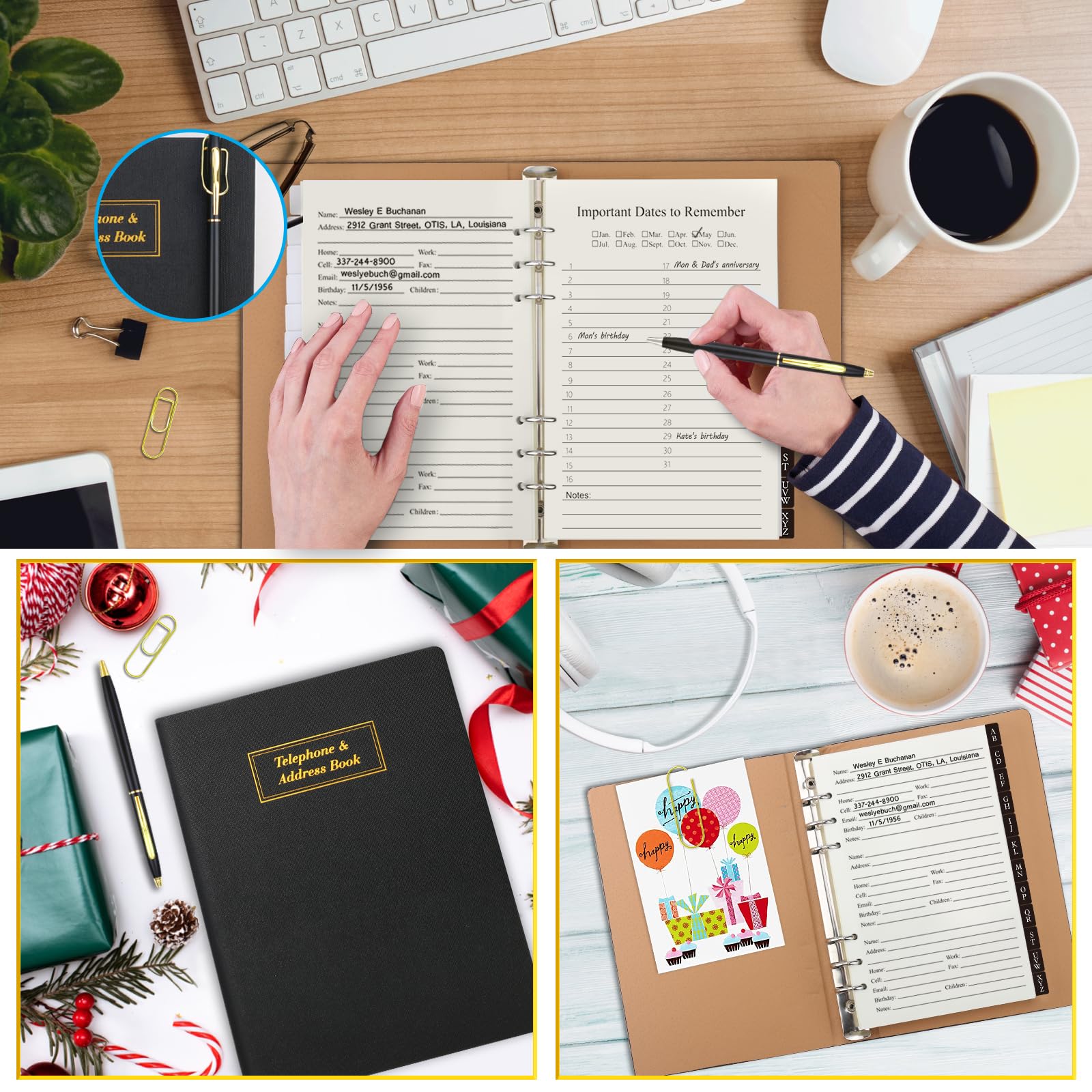 Happyaokeland Address Book Refill Pages 648 Contacts (236 Replacement Pages of Addresses, Birthday, Email) Durable Dividers with Alphabetical Tabs Large Print Refillable Pages Fits A5 6-Ring Binder