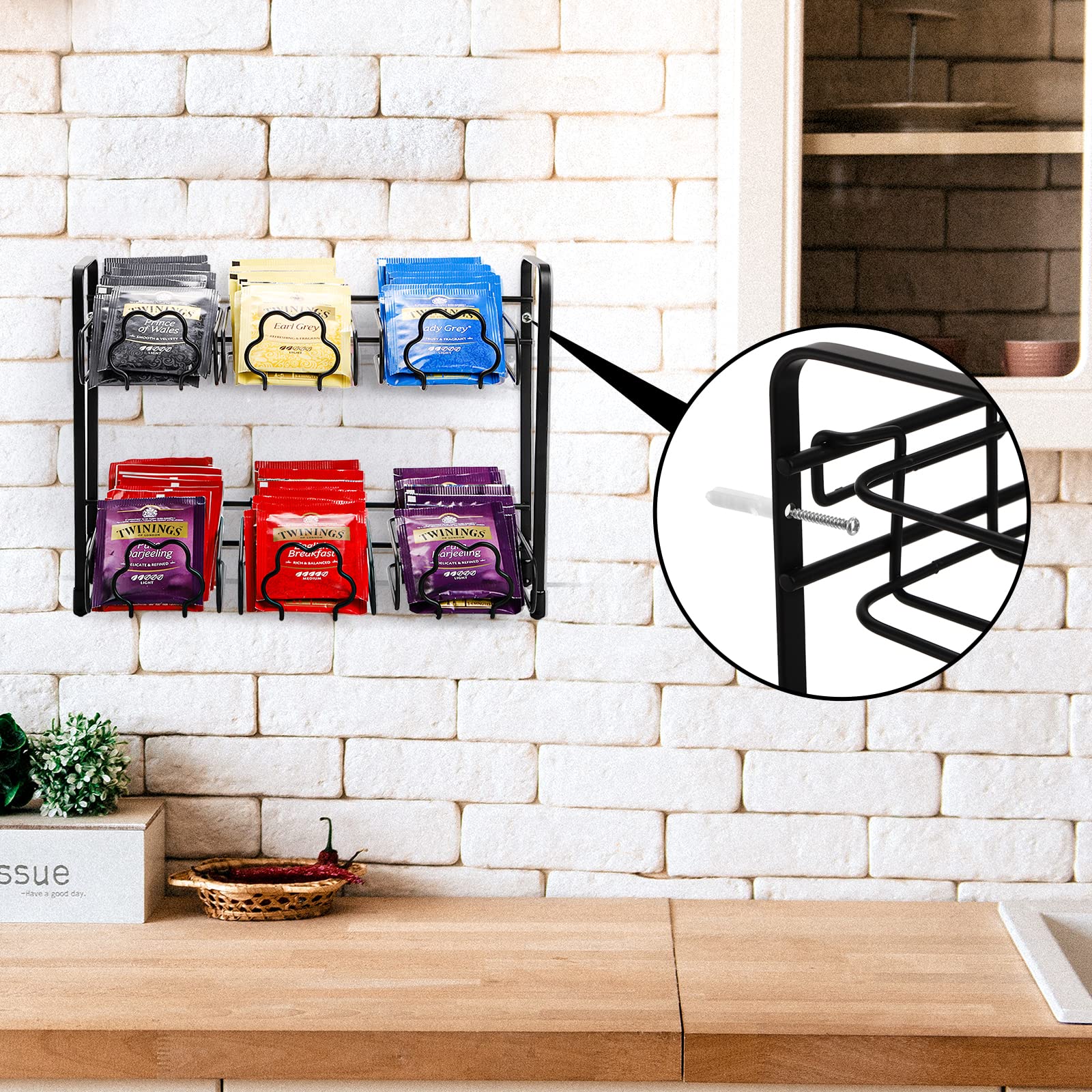 Dicunoy Tea Bag Organizer Rack, 120 Tea Bags Storage Holder, Wall Mounted 2 Tier Stainless Steel Tea Bags Caddy Stand for Coffee, Cabinet, Cupboard, Pantry, Counter Top Organizing