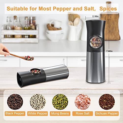 Electric Salt and Pepper Grinder Set,Gravity Automatic Salt & Pepper Grinder with Dual Charging Base,Adjustable Coarseness Mills salt grinder, White LED Light, Dust Cap, One Hand Operation,2 Pack