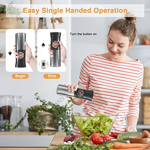 Electric Salt and Pepper Grinder Set,Gravity Automatic Salt & Pepper Grinder with Dual Charging Base,Adjustable Coarseness Mills salt grinder, White LED Light, Dust Cap, One Hand Operation,2 Pack