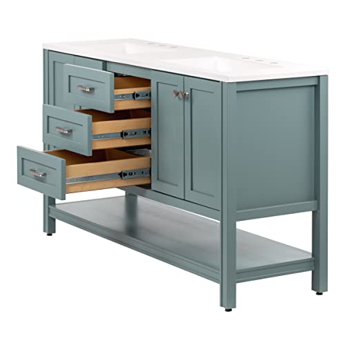 Spring Mill Cabinets Eaton Double Bathroom Vanity with 2 Cabinets, 3 Drawers, Open Shelf, Sink, 60.25" W x 18.75" D x 35.41" H, Sage/White Top
