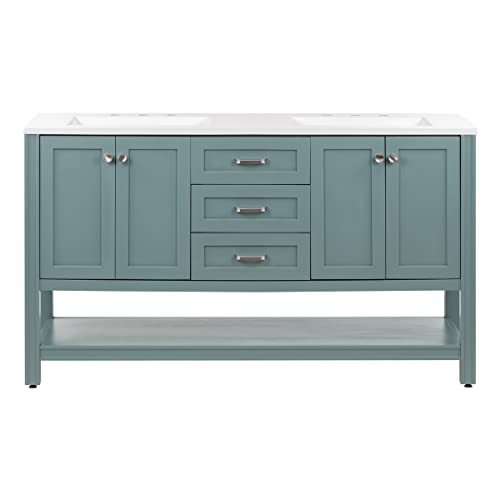 Spring Mill Cabinets Eaton Double Bathroom Vanity with 2 Cabinets, 3 Drawers, Open Shelf, Sink, 60.25" W x 18.75" D x 35.41" H, Sage/White Top