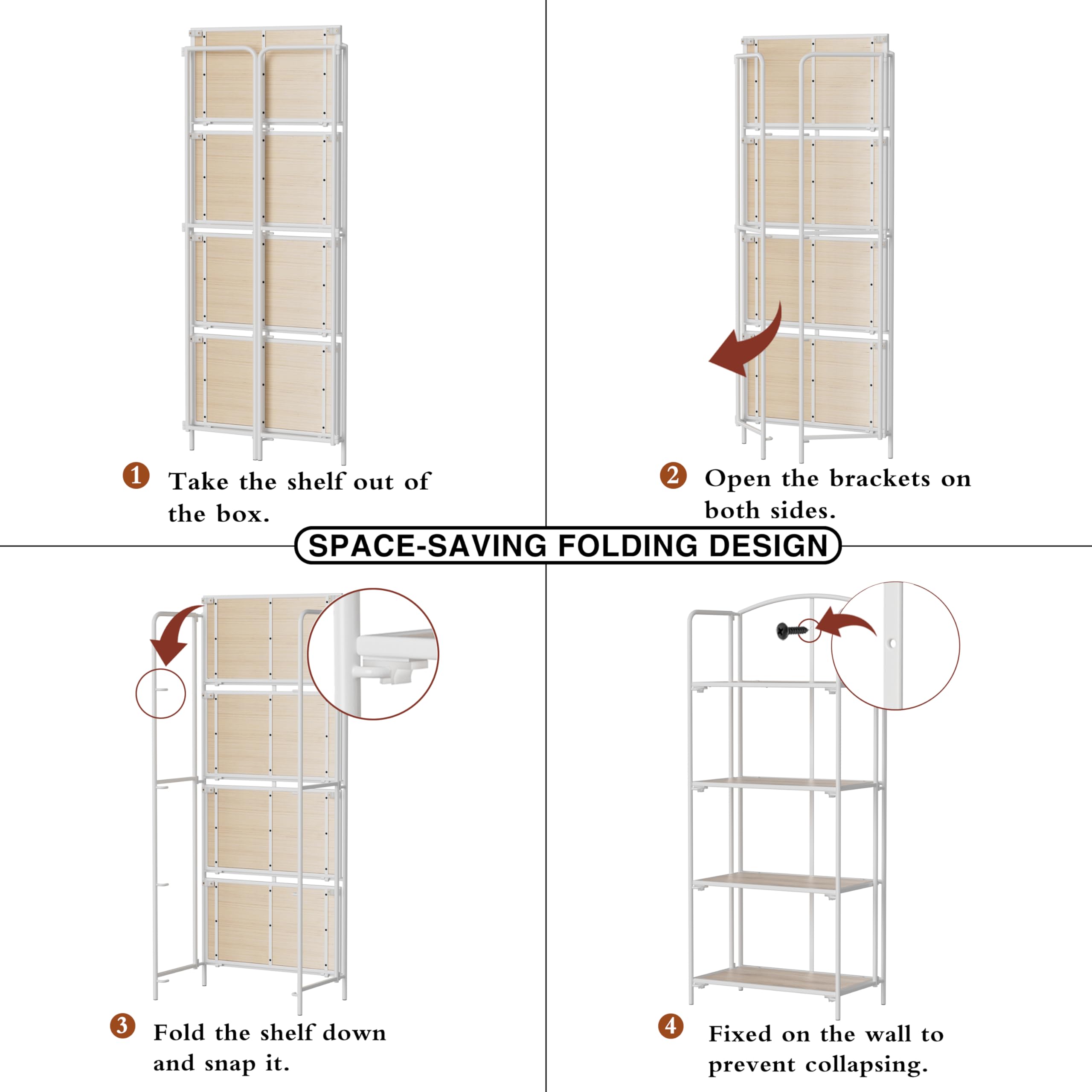 Crofy No Assembly Folding Bookshelf for Living Room, 4 Tier White Collapsible Book Shelf for Home Office, Portable Bookcase Storage Organizer