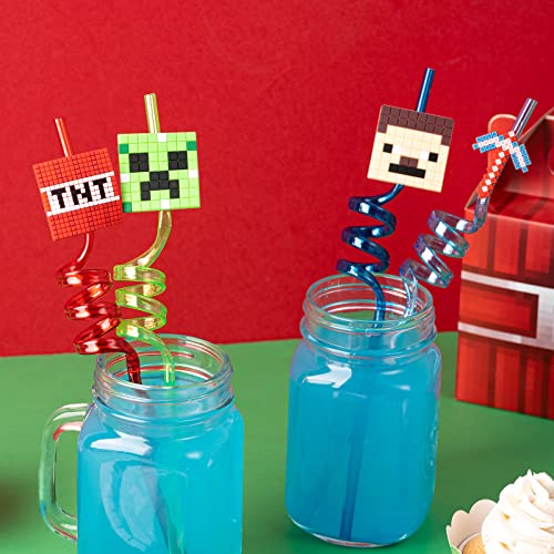 NITELUO 24Pcs Miner Craft Birthday Party Supplies Reusable Drinking Straws,8 Designs Pixel Themed Party Favors with 2 Cleaning Brush MWXG