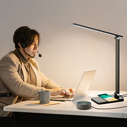 LED Desk Lamp for Home Office, 3 Levels Dimmable Desk Light with USB Charging Port, Small Study Lamp, Reading Light for Table, Deep Black, 5000K