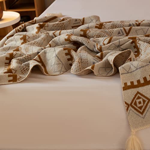 HT&PJ Knit Throw Blanket Boho Throw Blanket with Tassels Super Soft Warm Cozy Decorative Blanket for Bed, Sofa, Couch, Living Room All Seasons-Brown, 50"×60"
