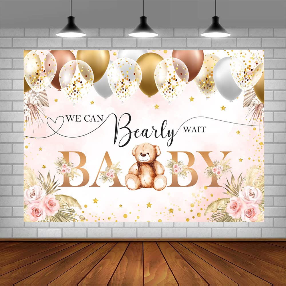 ABLIN 7x5ft Boho Bear Baby Shower Backdrop We can Bearly Wait Baby Shower Decorations Brown Balloons Flowers Bohemian Theme Photography Background Baby Shower Party Supplies